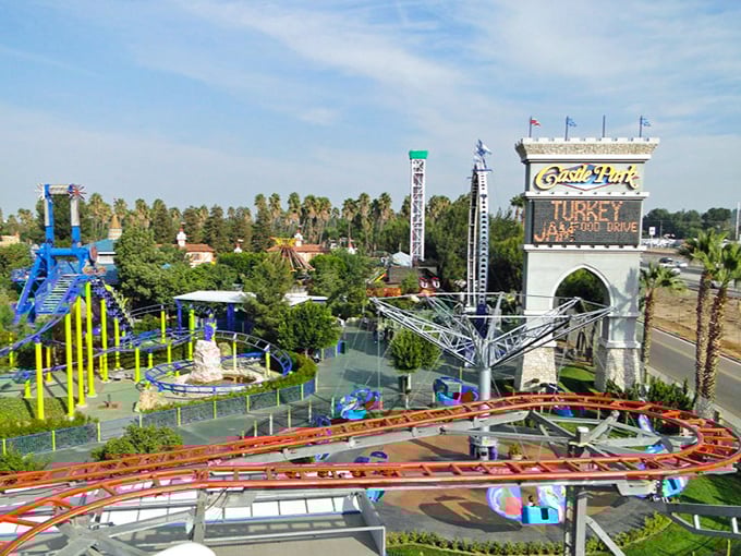 From above, Castle Park reveals its compact magic &ndash; rides, attractions, and palm trees creating a perfect California escape without the big park crowds.