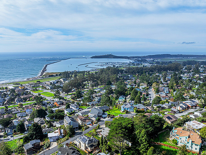 From above, El Granada reveals its unique concentric street design, a coastal community blueprint that curves with the land rather than fighting it.