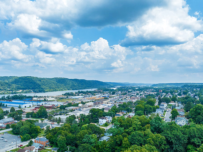 From above, Coraopolis reveals its perfect positioning—nestled between rolling green hills and the winding Ohio River, nature's retirement backdrop.