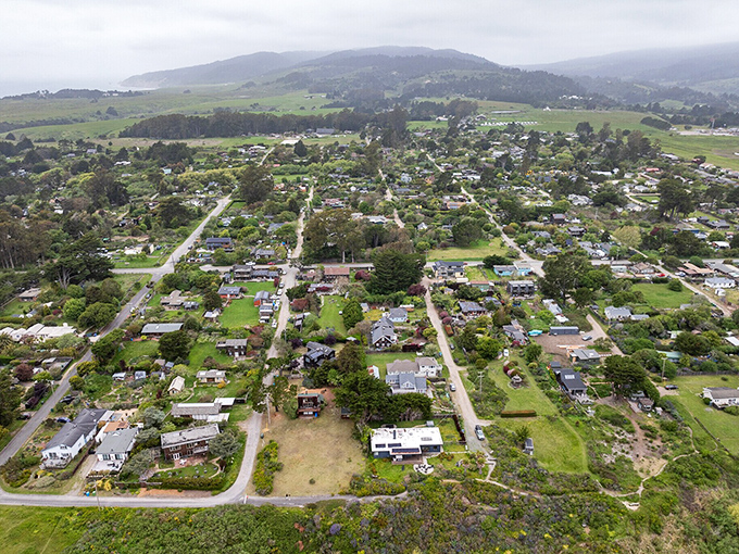 From above, Bolinas reveals its secret identity: a patchwork quilt of homes nestled between ocean and lagoon, hiding in plain sight.
