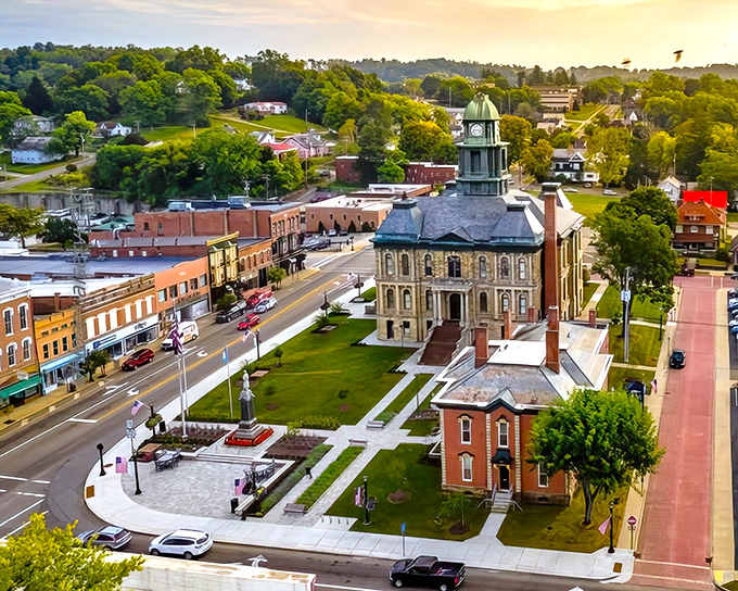 The majestic Holmes County Courthouse commands the town like a Victorian sentinel, its green dome visible from every corner of Millersburg's charming downtown.