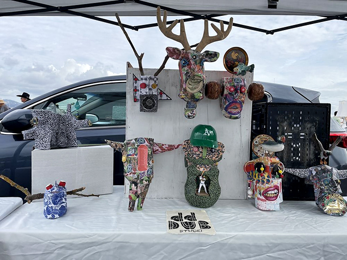 Whimsical upcycled art transforms everyday objects into conversation pieces. That deer head made from colorful fabric scraps? Pure California creativity.
