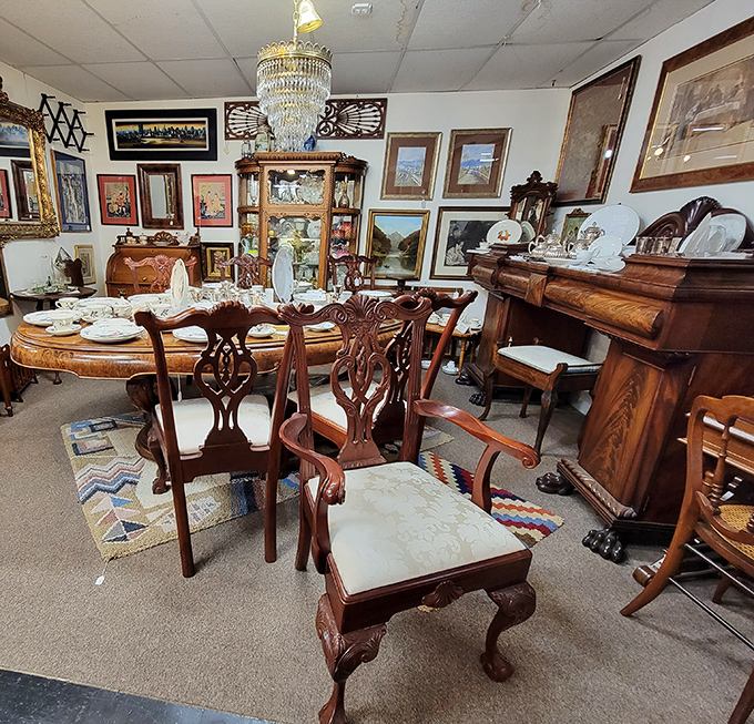This isn't just furniture; it's a dinner party waiting to happen, complete with chandelier that's seen more interesting conversations than most talk shows.