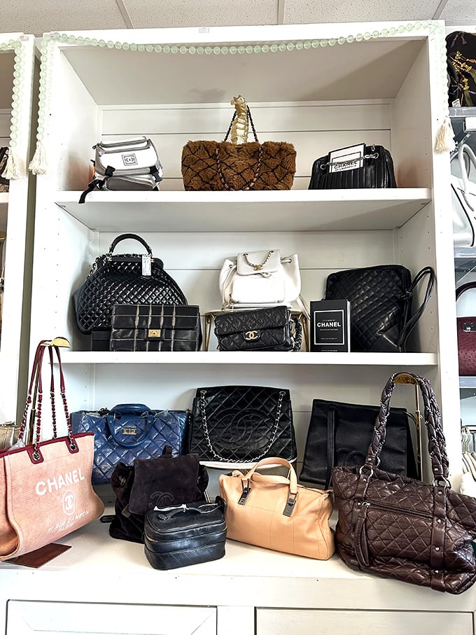 Designer handbags displayed like crown jewels, proving that luxury doesn't always require flagship store prices.