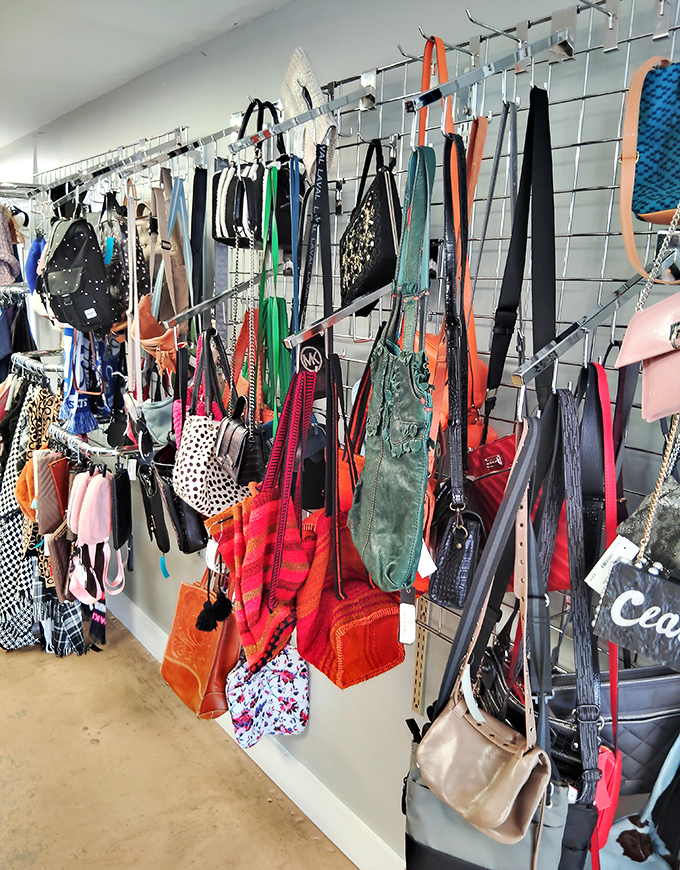 A rainbow of handbags dangles like fashionable fruit, each with stories to tell and outfits to complete. Bag heaven exists!