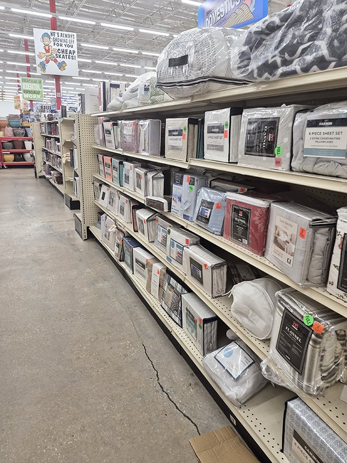 Premium bedding sets stacked like fluffy clouds, transforming your bedroom into a five-star retreat for pennies.