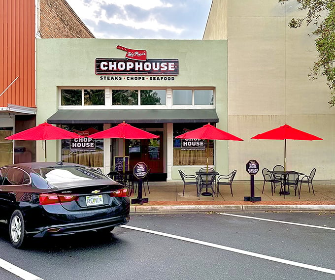 Big Papa's Chophouse offers a splash of urban dining with those cheerful red umbrellas practically shouting, "Come sit here and forget your diet!"