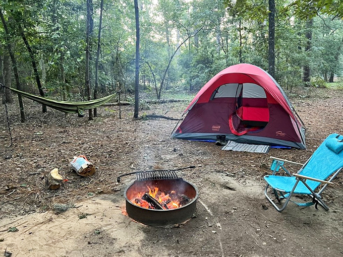 Camping nirvana achieved: A crimson tent, crackling fire, and not a single email notification in sight. The hammock seals the deal. 