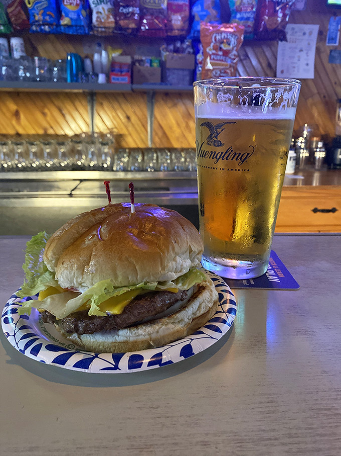 Simplicity perfected: a juicy cheeseburger and cold Yuengling. Some relationships are just meant to be.