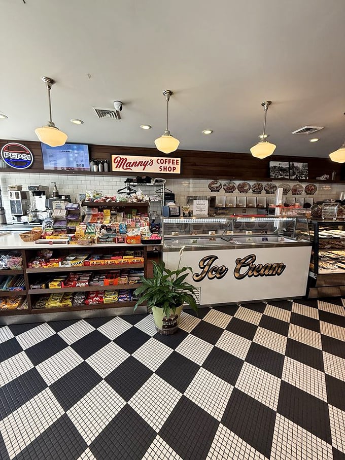 The classic black and white checkered floor and vintage ice cream counter whisper sweet nothings to your nostalgia receptors.