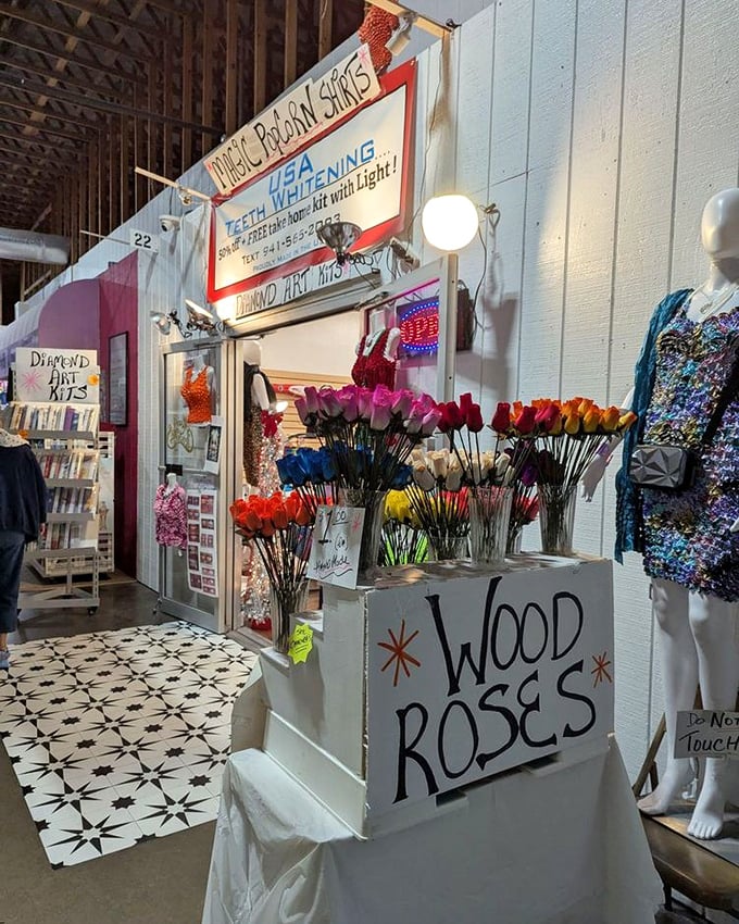 Wooden roses that never wilt and sequined shirts that never fade. This corner of fashion fantasy proves everything old becomes new again with the right customer.