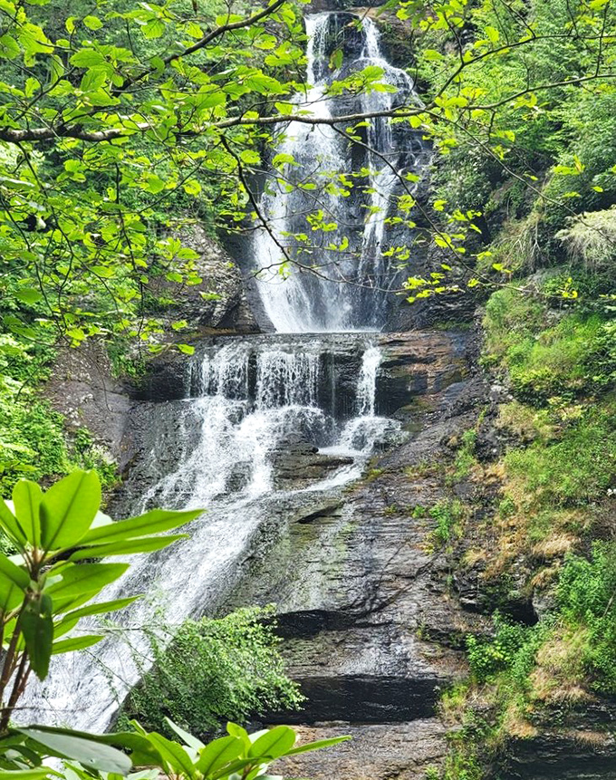 Dingmans Falls cascades through lush greenery like nature's own version of a multi-tiered fountain, minus the wish-tossing tourists.