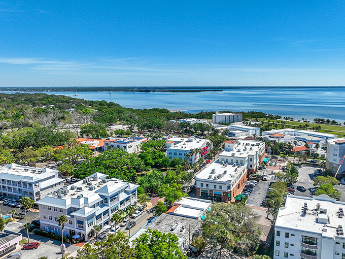 From above, Safety Harbor reveals its perfect positioning along Tampa Bay, where the blue waters meet a town that somehow manages to feel both hidden and welcoming.
