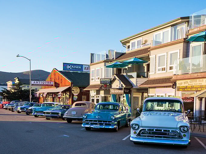 Classic cars line Ocean Avenue, where time seems to slow down and vintage Chevys are more common than smartphone addicts.