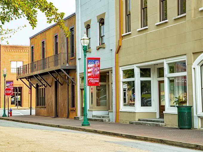 Colorful historic buildings line Toccoa's main street, where the lamp posts are green and the welcome is warm. Norman Rockwell would feel right at home here.