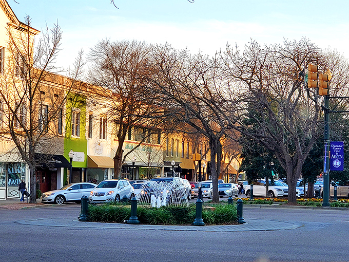 Winter sunlight bathes Aiken's downtown in golden hues, where historic buildings and a charming fountain create postcard-worthy scenes year-round.