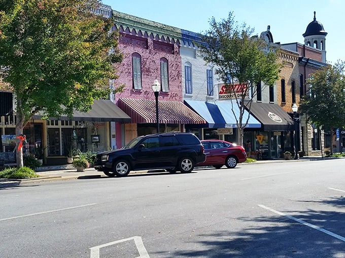 Colorful awnings dance above storefronts along Hartwell's main street, where parking spots are plentiful and nobody's in a hurry to fill them.