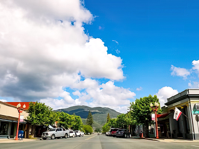 Blue skies and mountain views frame Kelseyville's downtown, where parking remains mercifully simple and strangers still nod hello on the sidewalk.