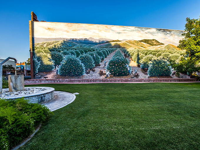 This stunning citrus orchard mural captures Exeter's agricultural heritage, a daily reminder of the town's deep roots in California's farming tradition.