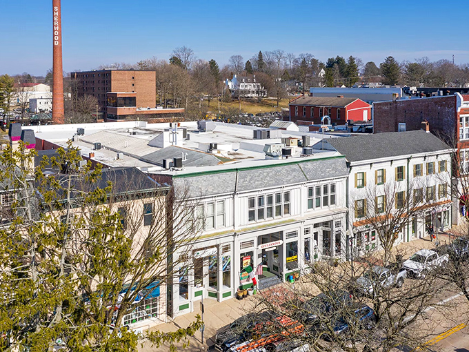 A bird's eye view of Westminster's downtown reveals the perfect blend of historic charm and modern convenience that makes small-town living so appealing.