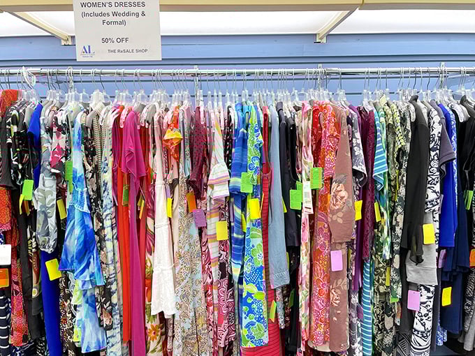 Like a fashion rainbow after a discount storm, these racks of women's dresses promise second chances at first impressions for just pennies on the dollar.
