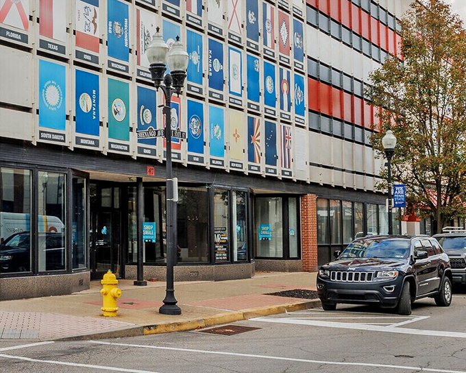 Vibrant storefronts paint Sharon's streets with personality. That splash of blue sculpture adds an artistic touch to the pedestrian experience.