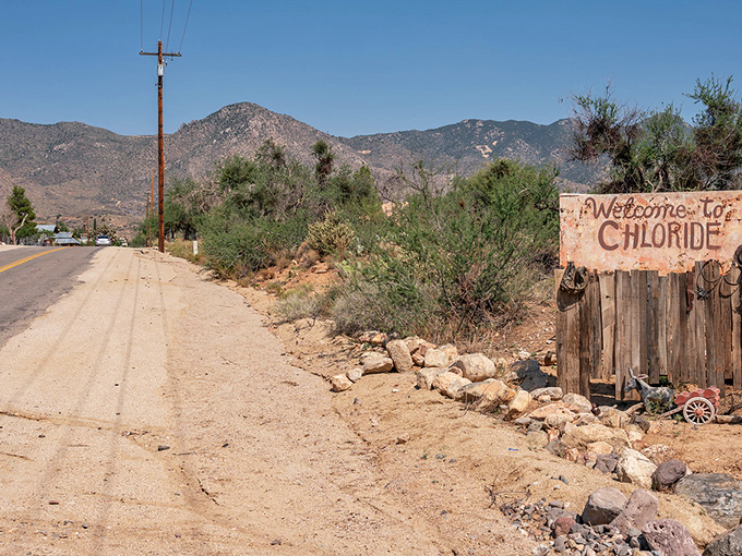 This weathered "Welcome to Chloride" sign has greeted visitors for decades &ndash; a rustic handshake from a town that refuses to surrender to time.