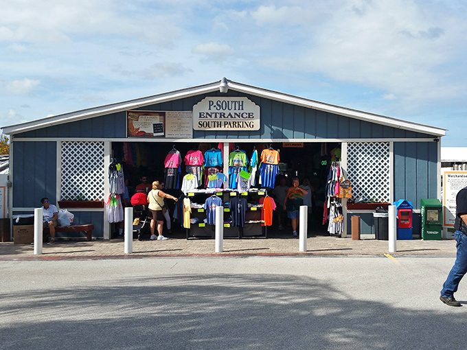 The South Entrance beckons with a rainbow of t-shirts, like a sartorial welcome committee for your shopping adventure.