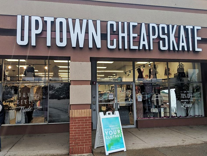 Grand opening excitement buzzes outside this fashion treasure trove. The entrance promises adventure for your wardrobe and mercy for your wallet.