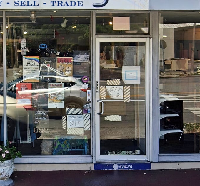 A closer view reveals the shop's distinctive architectural character&mdash;part vintage charm, part modern boutique, all thrifting paradise.