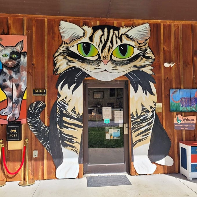 Walking through this giant tabby cat doorway feels like being swallowed by a friendly feline. Alice had her rabbit hole; cat lovers have this.