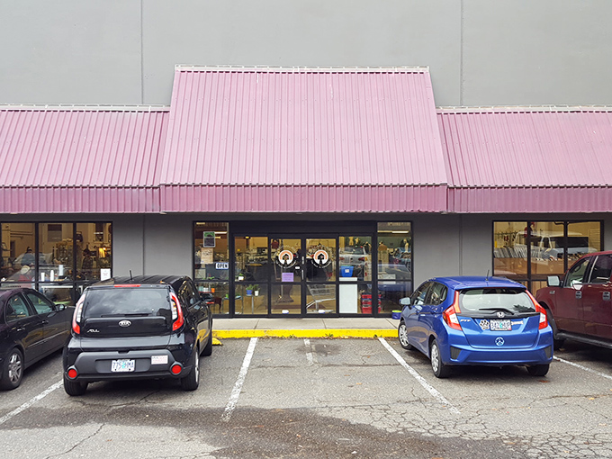Where thrift dreams begin! The entrance might look ordinary, but stepping through these doors is like finding the wardrobe to Narnia &ndash; except with vintage denim instead of snow.