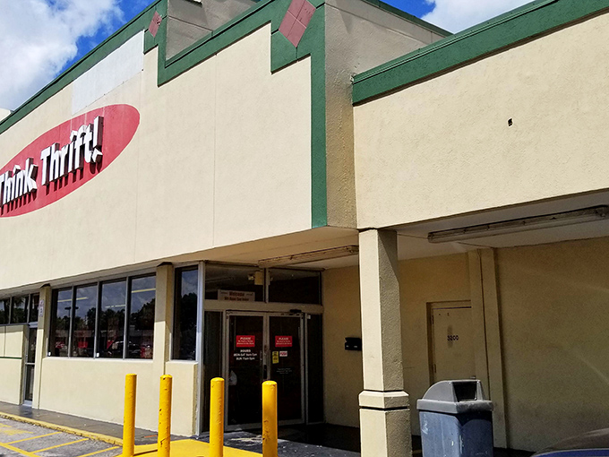 "Enter at your own risk" might as well mean "prepare to lose track of time." The yellow safety bollards seem to say, "Slow down, bargain hunter. There's no rush." 