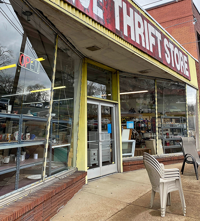 The no-frills entrance might not scream "retail therapy," but for thrift aficionados, these doors might as well be pearly gates.