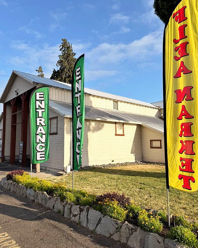 Colorful banners announce your arrival at bargain paradise. The green "ENTRANCE" flags practically scream, "Abandon all budget plans, ye who enter here!"