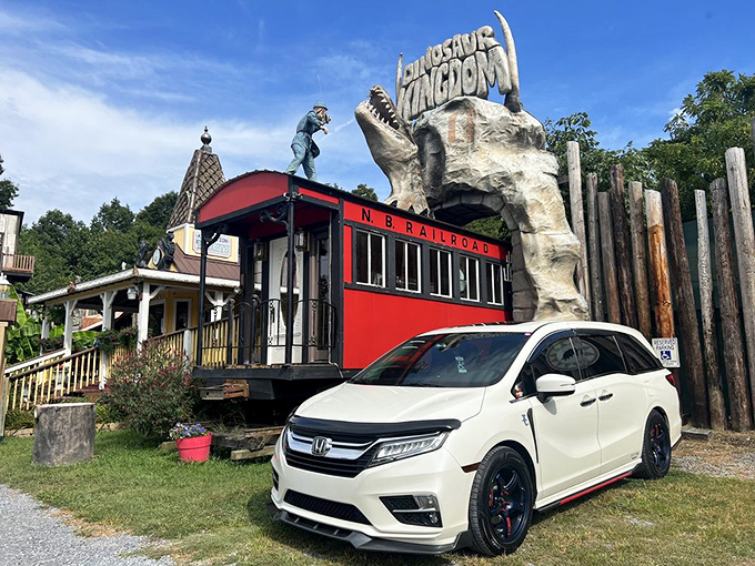 Vintage railroad car meets prehistoric predator &ndash; the perfect transportation combo no one asked for but everyone secretly wanted.