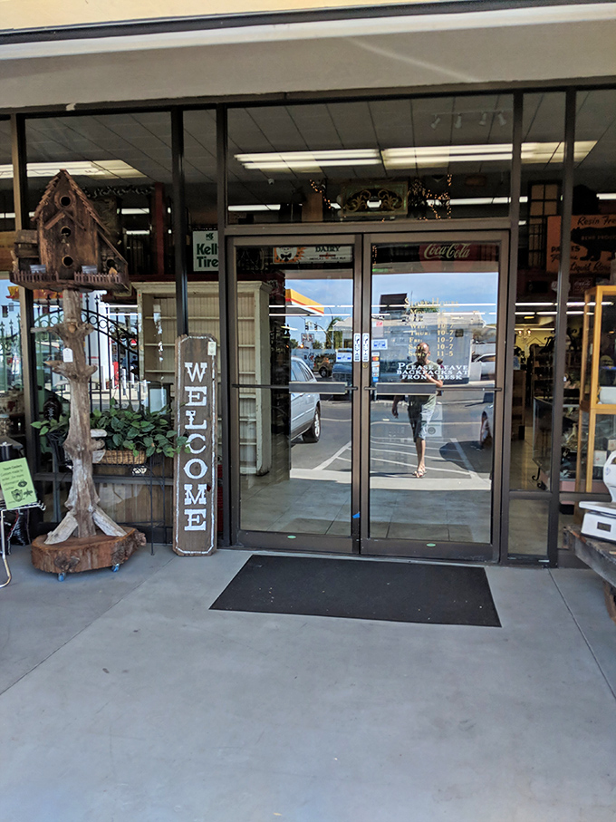 A rustic wooden "WELCOME" sign and charming birdhouse greet visitors at the entrance, promising adventures in nostalgia just beyond those glass doors.