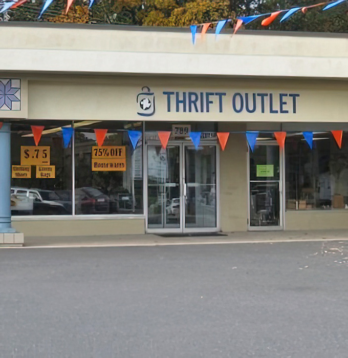 Colorful pennants flutter above the Thrift Outlet entrance, promising bargains so good they need their own building to contain the excitement.