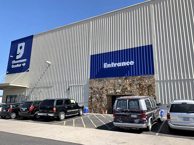 The entrance to paradise for the thrift-obsessed. That stone facade isn't just decorative&mdash;it's practically a gateway to retail adventure.