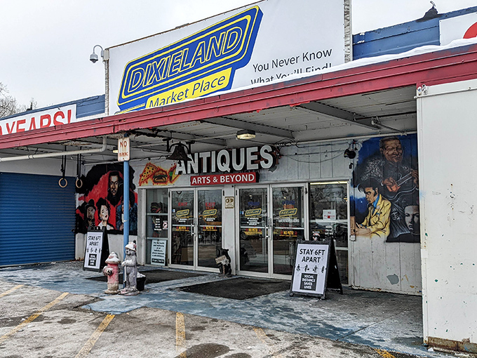 The entrance beckons with its colorful murals and promise of discovery. That "You Never Know What You'll Find" sign isn't kidding&mdash;it's retail roulette at its finest.