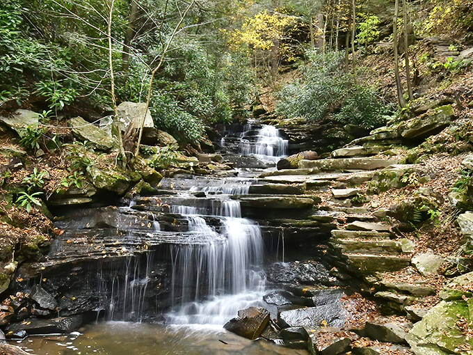 Rainbow Falls living up to its name. Water cascades over ancient stone steps, creating a stairway of liquid silver that hypnotizes even the most seasoned hikers.