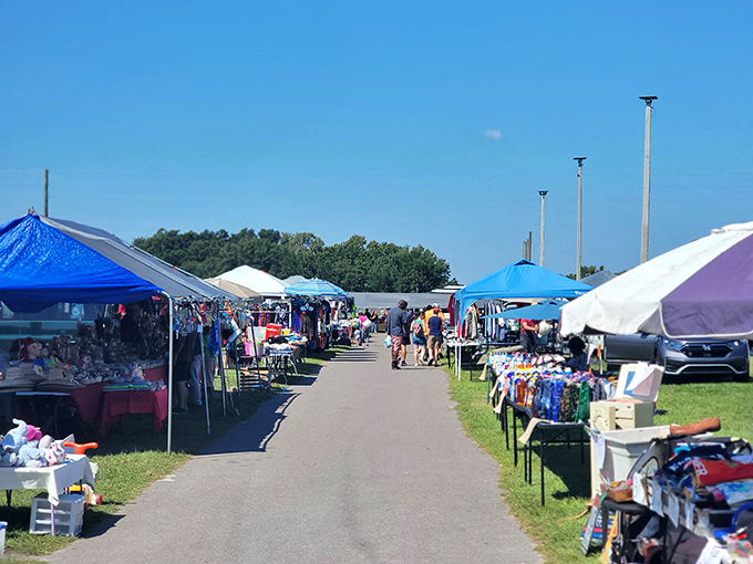 The blue canopy corridor stretches like a bargain hunter's yellow brick road. Follow it long enough and you might find those vintage salt shakers you never knew you needed.