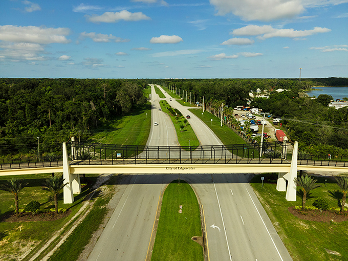 The "Welcome to Edgewater" bridge spans more than just highway - it connects affordability dreams.