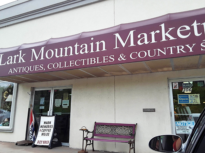 The unassuming purple awning promises "WARM MEMORIES & COFFEE INSIDE" &ndash; and that bench outside? You'll need it after hours of nostalgic browsing.