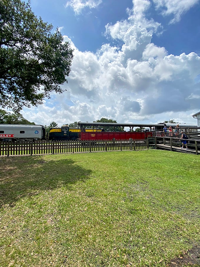 All aboard! This colorful locomotive waits patiently for its next journey, a time machine on wheels ready to transport families through Florida's heartland.