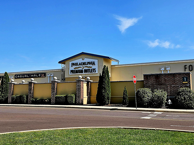 Welcome to bargain paradise! The Philadelphia Premium Outlets entrance beckons shoppers with the siren call of discounts that would make even the most frugal aunt swoon.