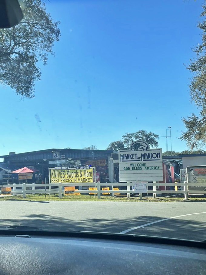 The Market of Marion welcomes bargain seekers with its iconic sign and promises of knives, swords, and deals that'll make your wallet breathe easier.