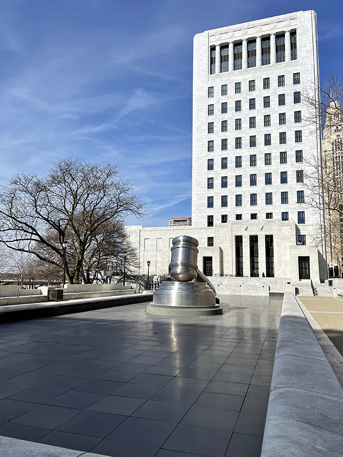 Towering against Columbus's skyline, this stainless steel behemoth makes you wonder if somewhere there's a judge big enough to wield it.