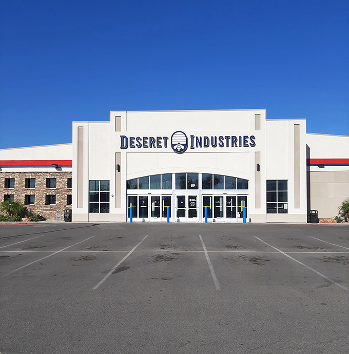 Blue skies frame this thrifter's paradise, where the parking lot is merely the threshold to a world where someone else's discards become your discoveries.