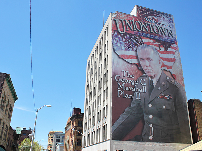 Uniontown proudly celebrates its most famous son with this towering tribute to General George Marshall, architect of Europe's post-war recovery and hometown hero.